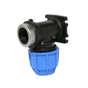 PE Winkel Typ S16 DVGW mit Wandhalterung / Innengewinde / Klemmverbinder