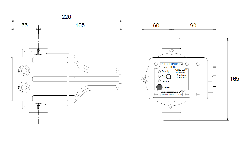 Grundfos Presscontrol Drucksteuerung PC 15 mit Kabel + Trockenlaufschutz