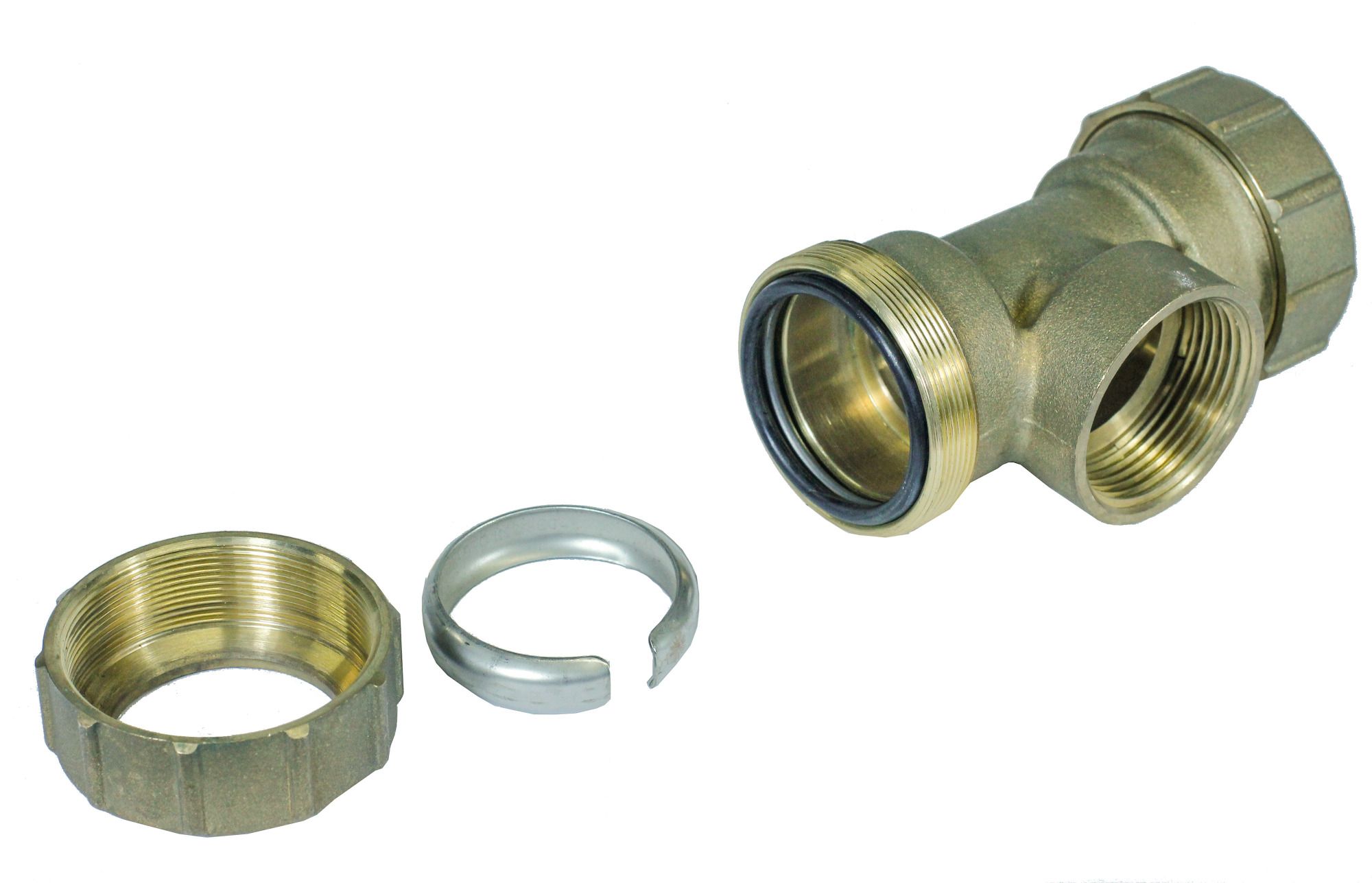 Messing PE T-Stück DVGW Innengewinde / zweiseitig Edelstahlklemmring